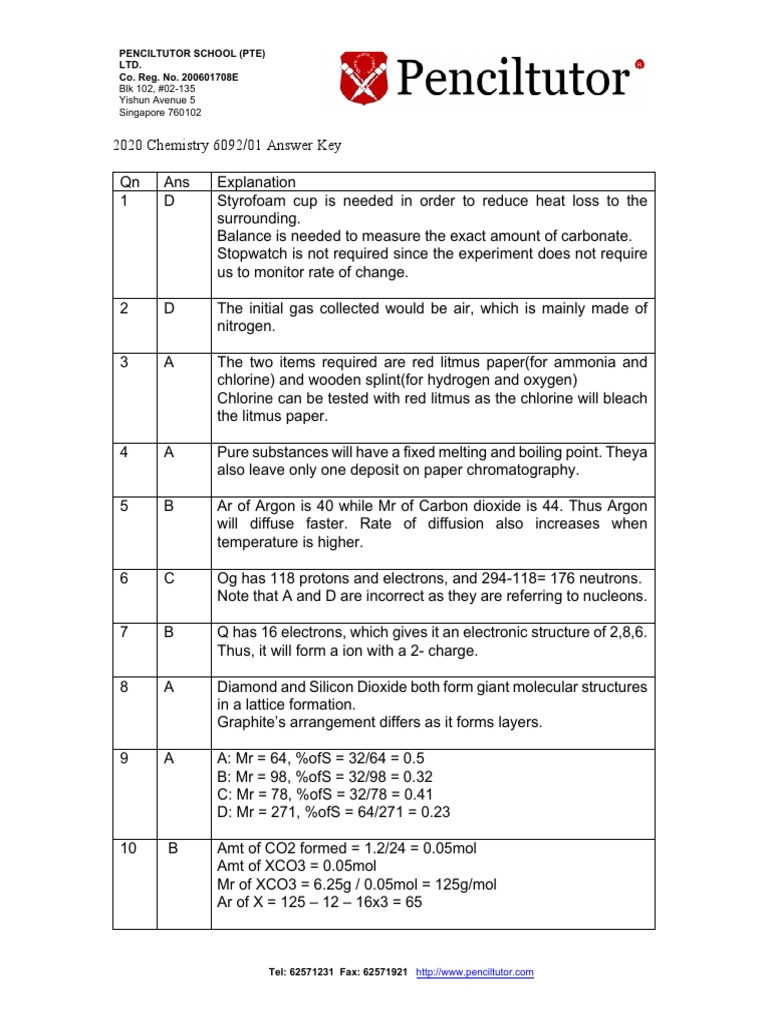 2020 O Level Chemsitry 6092 Paper 1 Suggested Answers | PDF | Salt ...