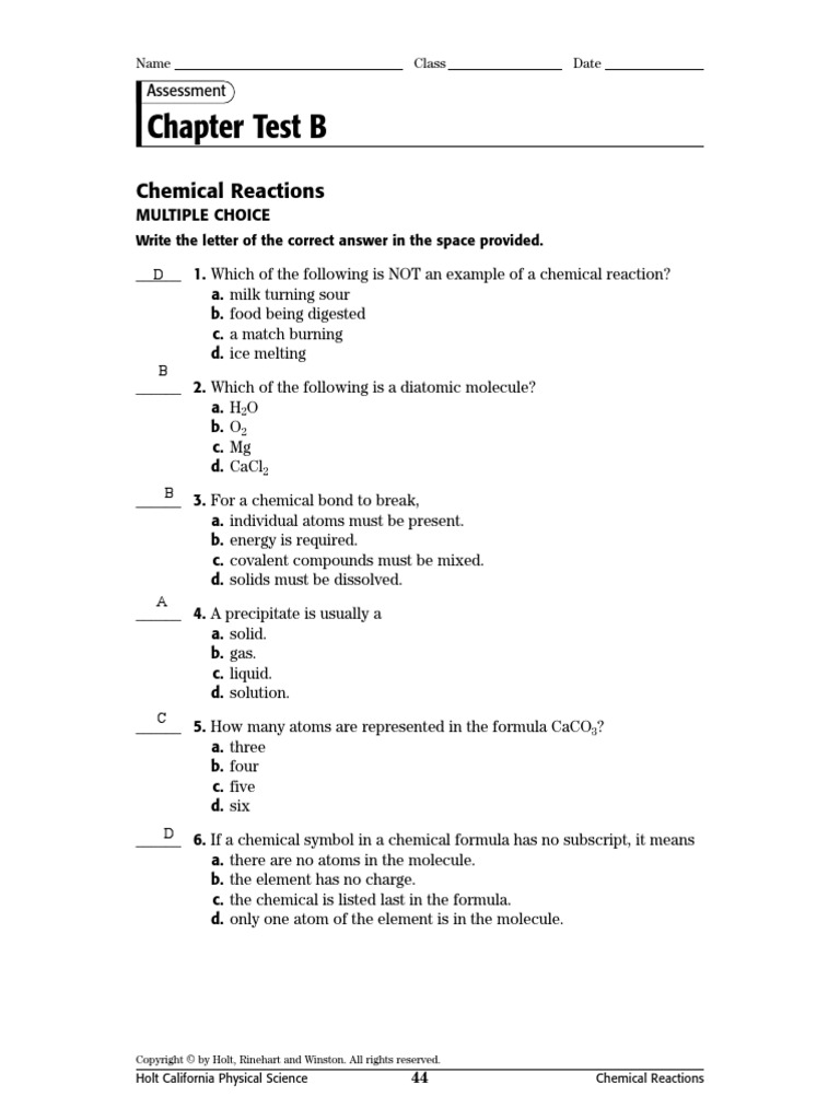 Chapter Test B: Chemical Reactions | PDF | Molecules | Chemical Reactions