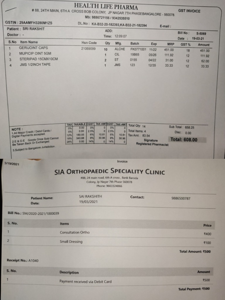 Prescription and Medical Invoice for Orthopedic Consultation and ...