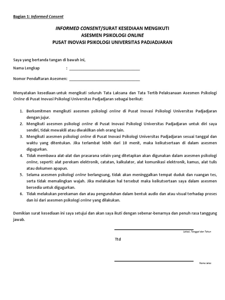 Informed Consent Riwayat Hidup Asesmen Psikologi Online PIP Unpad | PDF
