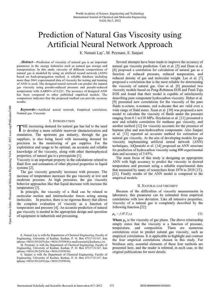 Prediction of Natural Gas Viscosity Using - Artificial Neural - Network Approach | PDF ...