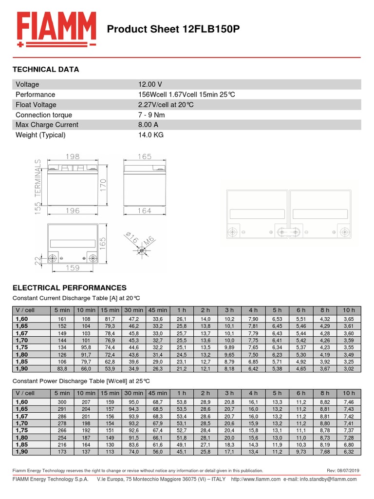 Fiamm 12FLB150P Product Sheet | PDF | Energy Storage | Manufactured Goods