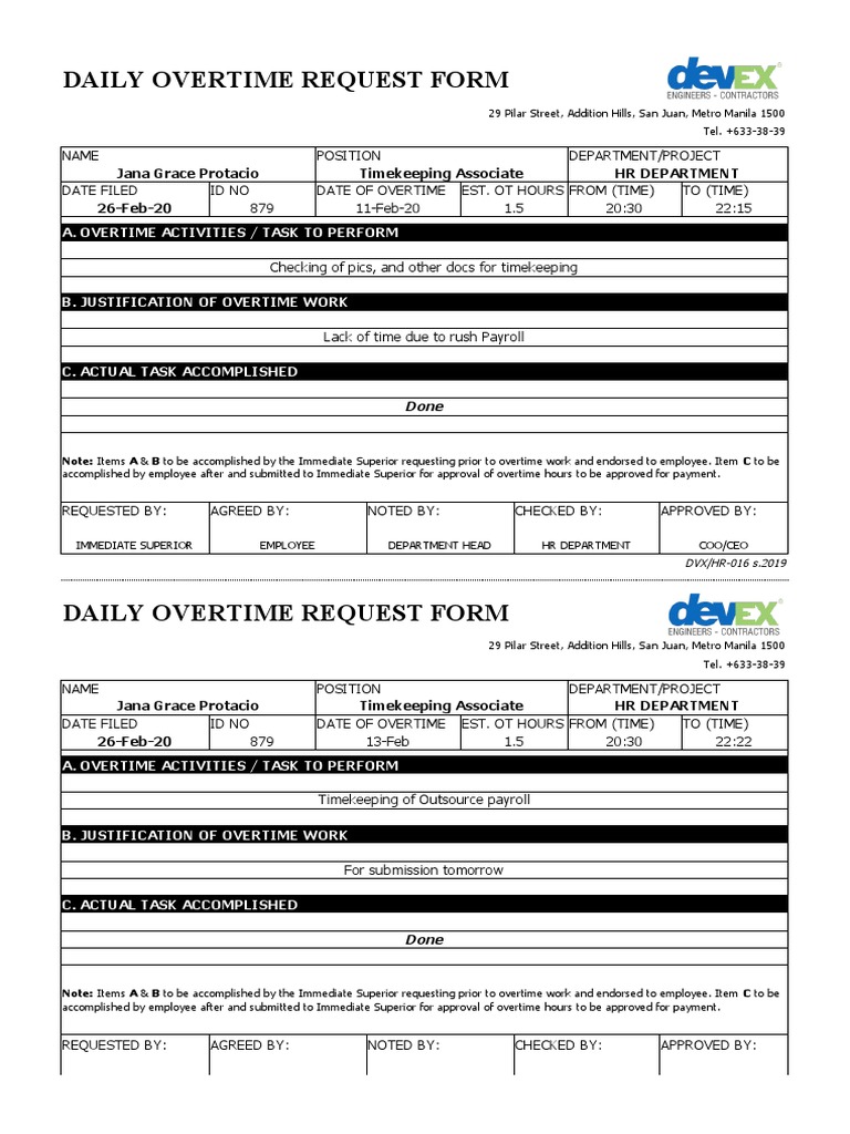 HR 016 Daily Overtime Request Form | PDF | Overtime | Makati