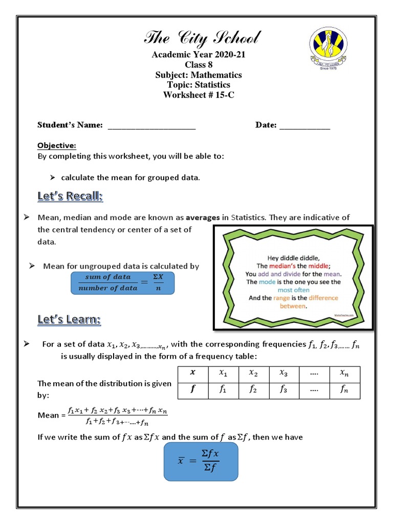 Class 8 Math Worksheet 15-C | PDF | Worksheet | Mean
