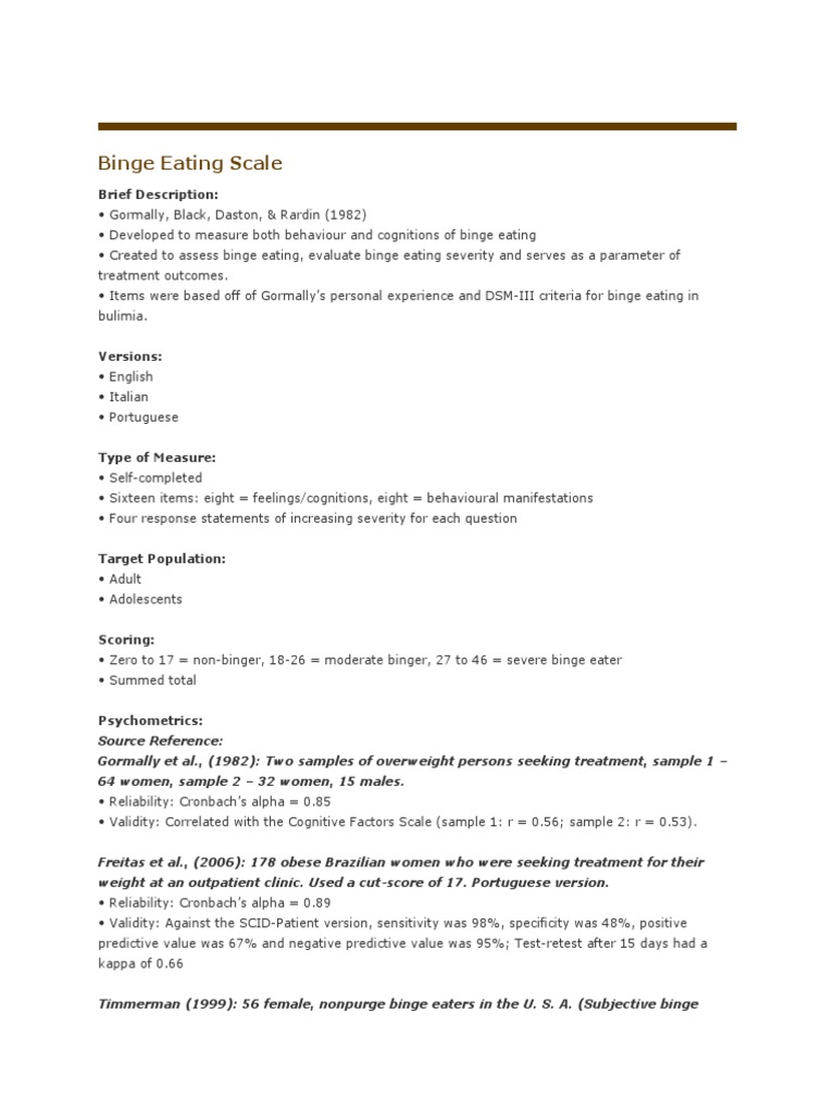 Binge Eating Scale: Brief Description | PDF | Binge Eating Disorder ...