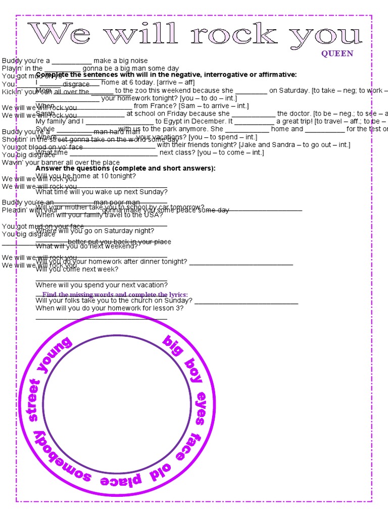 Songs4class We Will Rock You Will Affirmative Nega Activities With ...