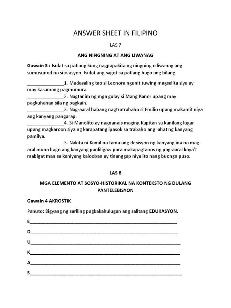 ANSWER SHEET IN FILIPINO 7-11 Las | PDF