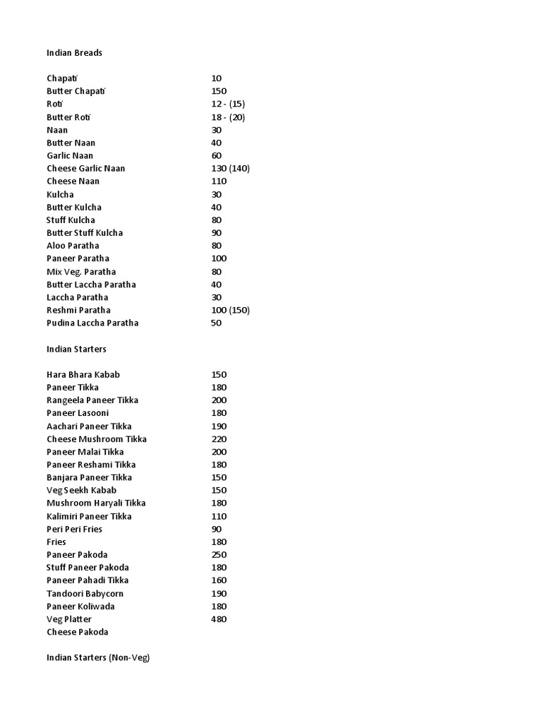 Indian Hotel Food Menu | PDF | Kebab | Curry
