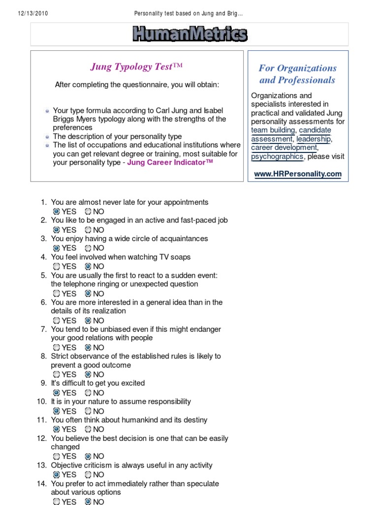Personality Test Based On Jung and Briggs Myers Typology | PDF ...