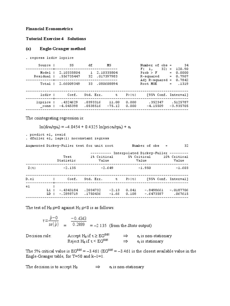 Financial Econometrics Tutorial Exercise 4 Solutions (A) Engle-Granger ...