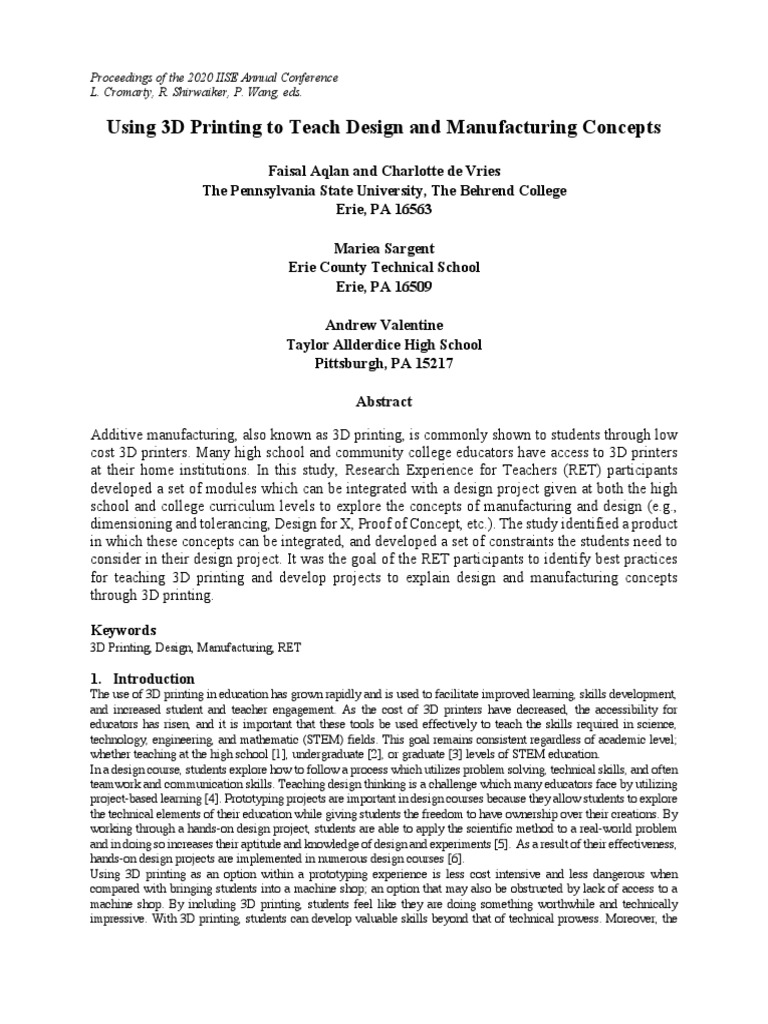 Using 3D Printing To Teach Design and Manufacturing Concepts | PDF | 3 ...