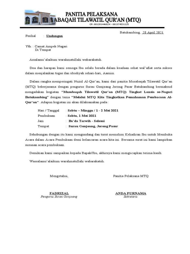 UNDANGAN Membuka Acara MTQ 1442H | PDF