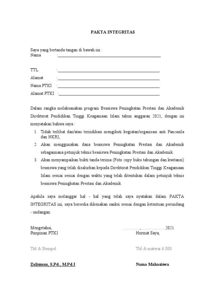Format Pakta Integritas | PDF