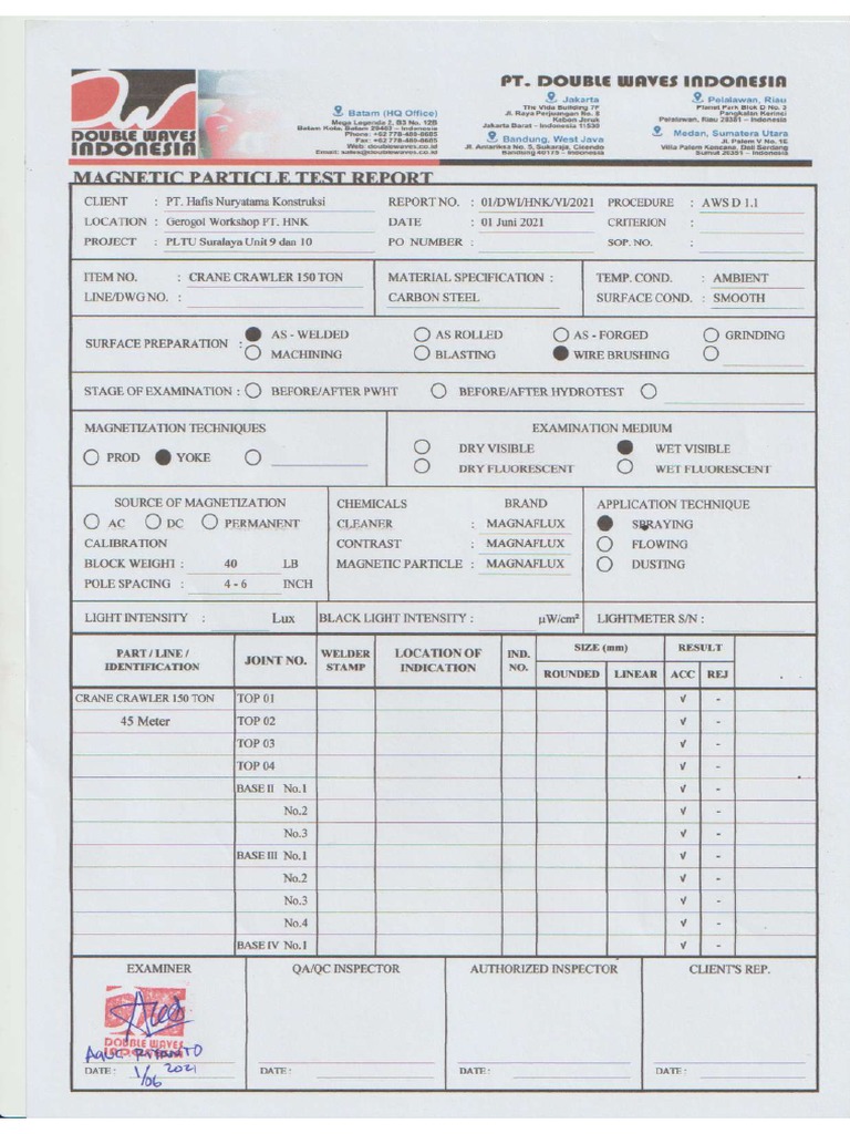 Magnetic Particle Test Results Summary | PDF | Technology & Engineering