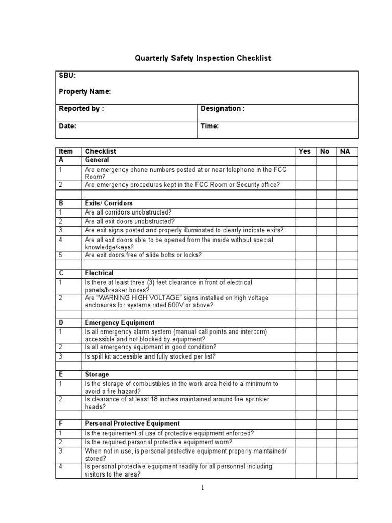 Quarterly Safety Inspection Checklist | PDF | Hazards | Building ...