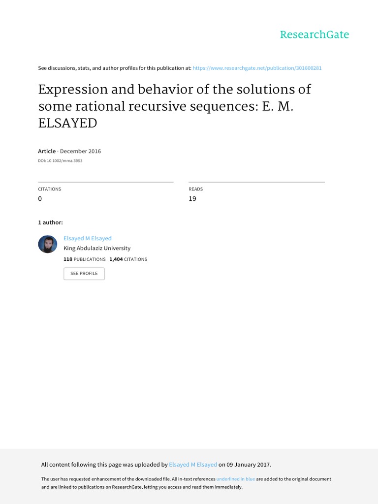 Expression And Behavior Of The Solution Of Some Rational Recursive Sequences Pdf Discrete