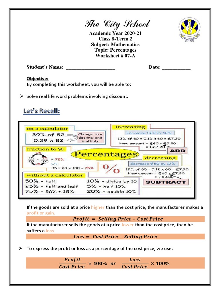 Class 8 Math Worksheet 07-A | PDF | Percentage | Worksheet