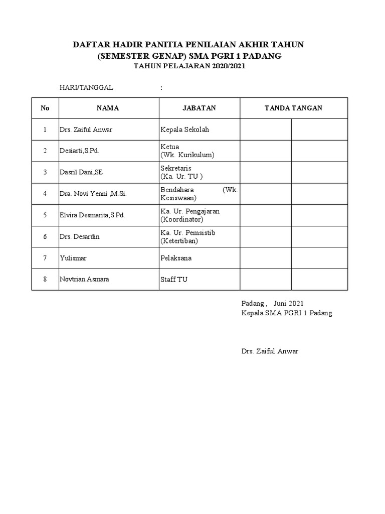 Daftar Hadir Panitia | PDF