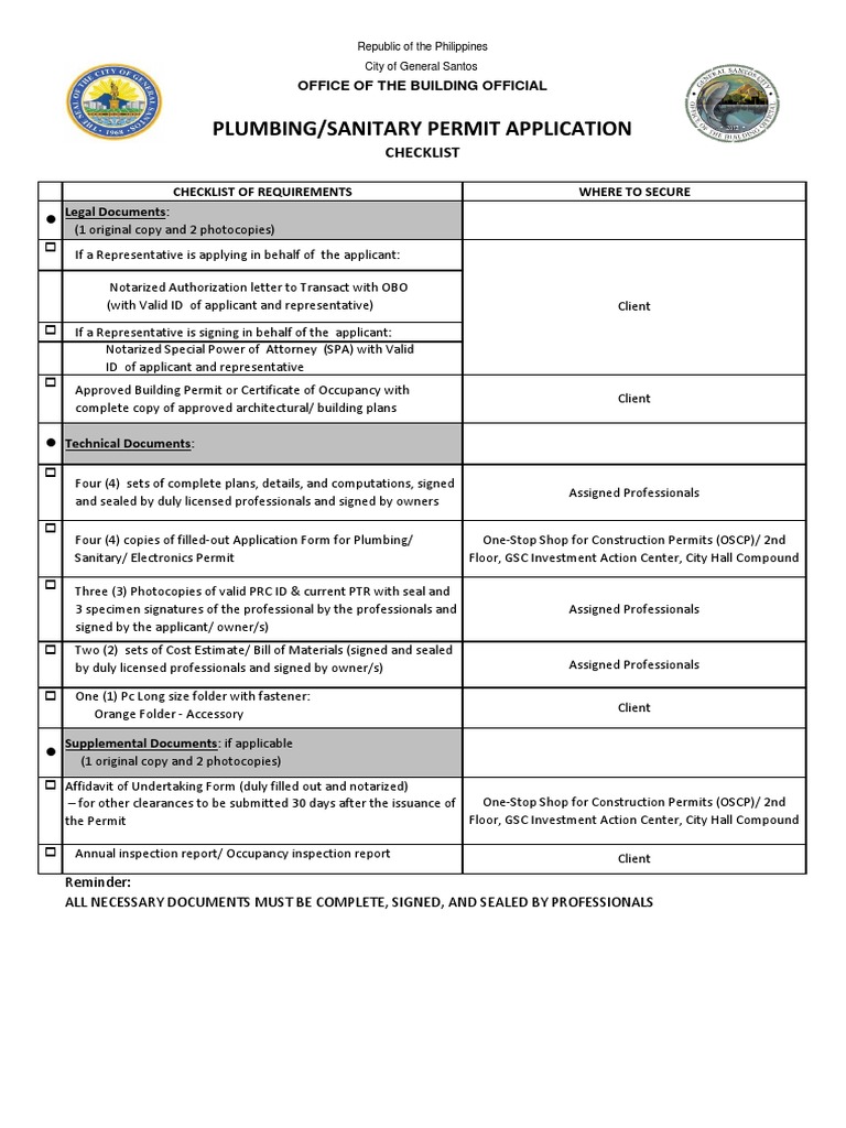 Plumbing Permit Checklist | PDF | Notary Public | Licensing Agreement