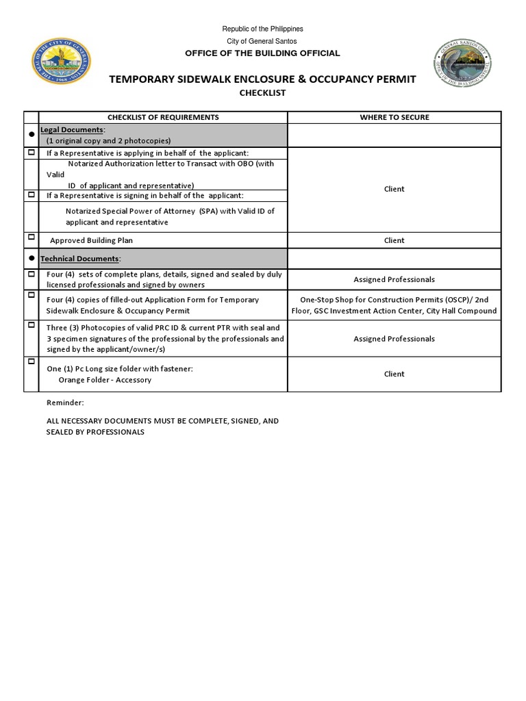 Requirements for a Temporary Sidewalk Enclosure and Occupancy Permit in General Santos City | PDF