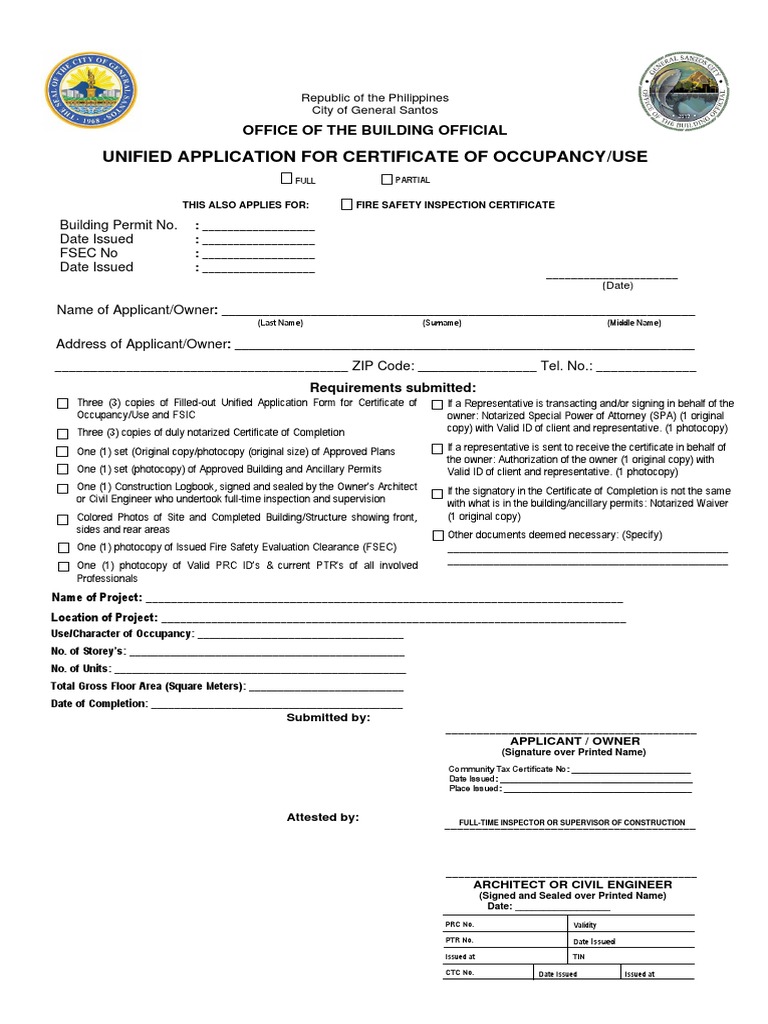 Unified Application For Certificate of Occupancy/Use: Office of The ...