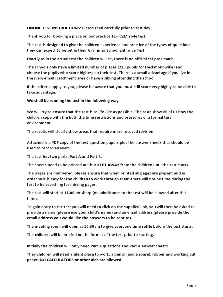 Heckmondwike Grammar Test Instructions | PDF | Communication | Science