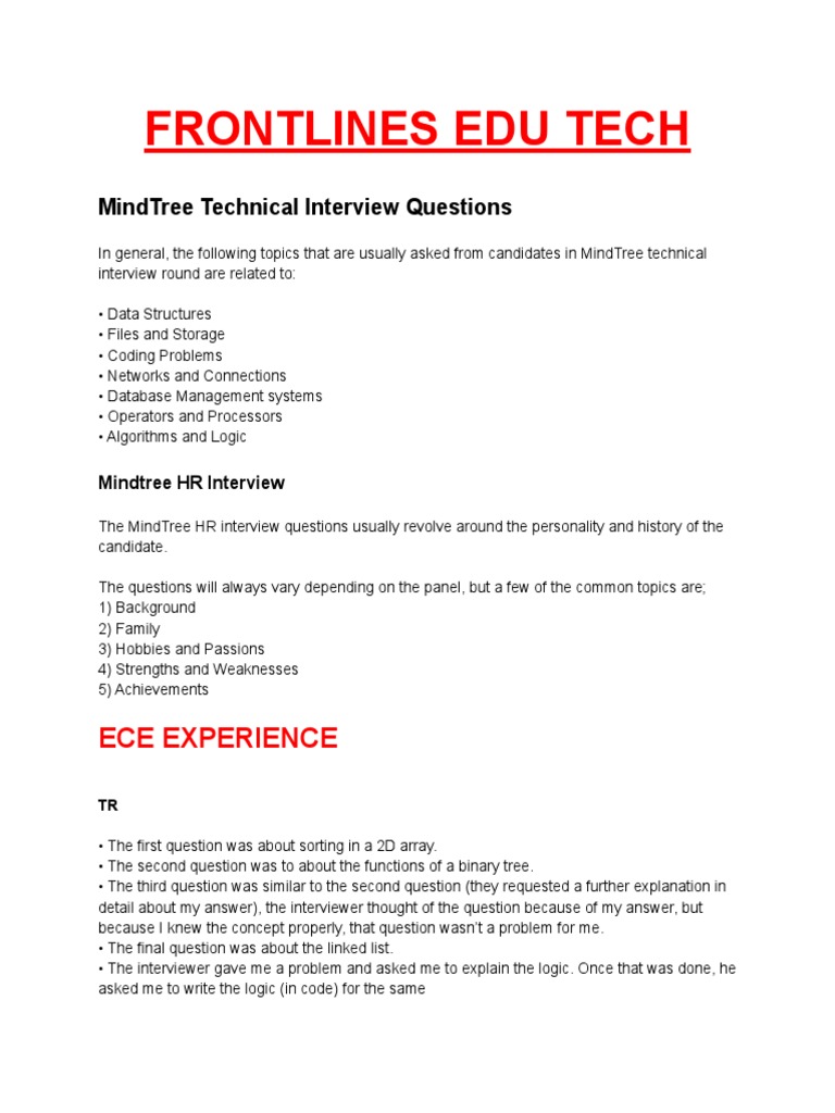 Frontlines Edu Tech: Mindtree Technical Interview Questions | PDF | Computer Programming ...