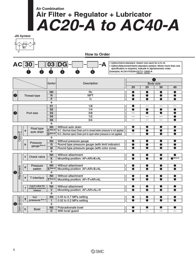AC20-A To AC40-A: Air Filter + Regulator + Lubricator | PDF | Valve ...