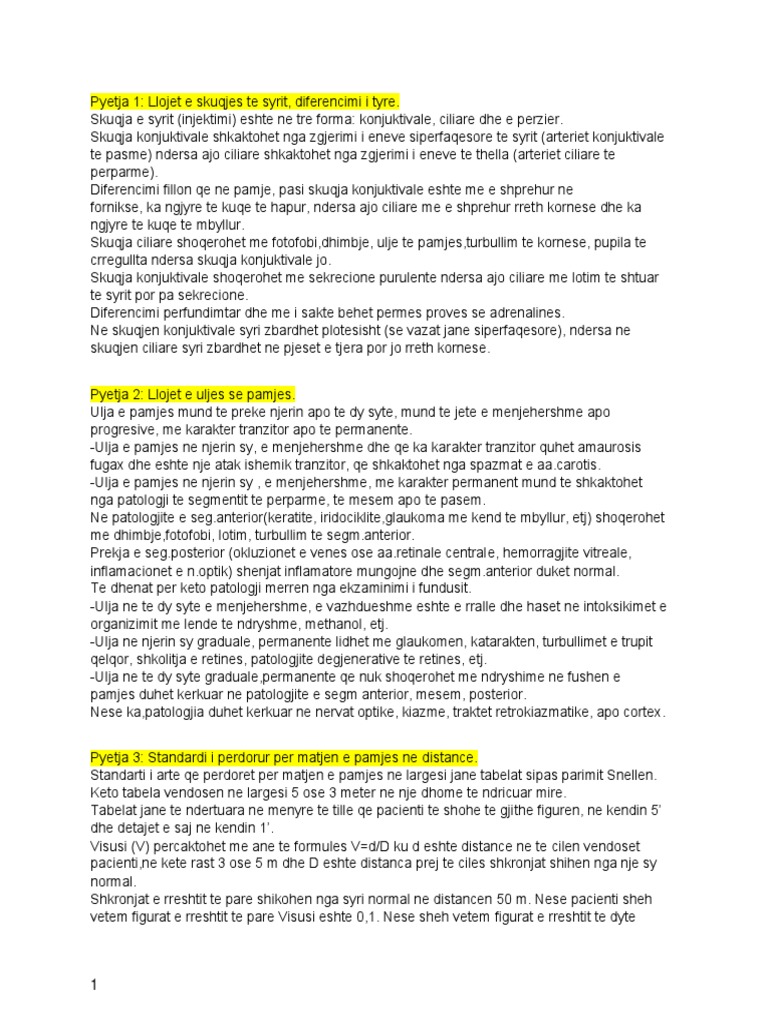 Pyetjet e Provimit Të Okulistikës - Viti VI - MP - Tiranë | PDF