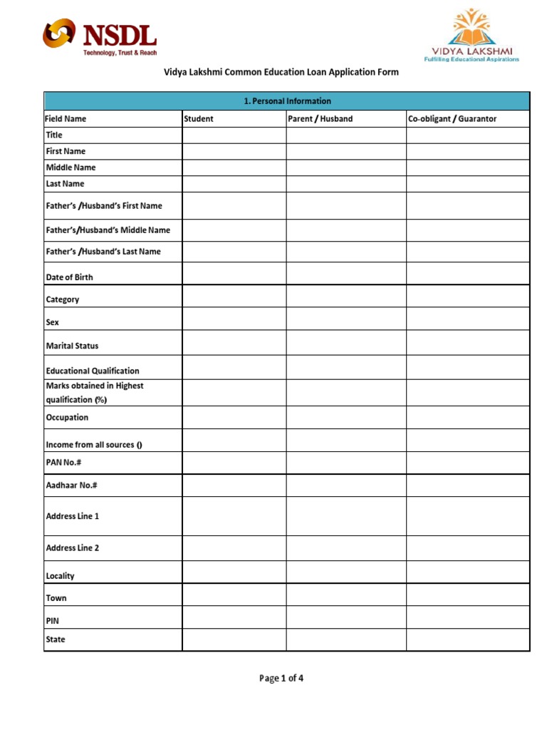 Vidya Lakshmi Common Education Loan Application Form | PDF | Student ...
