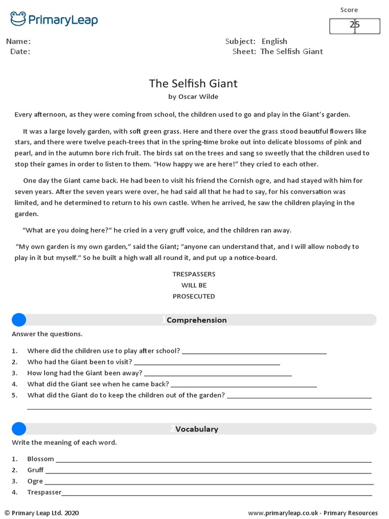Reading Comprehension The Selfish Giant by Oscar W Conversation Topics ...