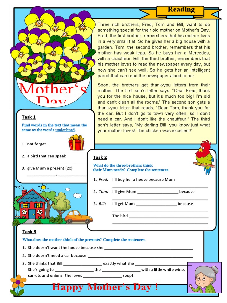 Mothers Day Reading Comprehension Exercises - 124815 | PDF