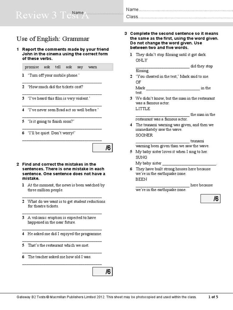 Gateway B2 Review 3 Test A | PDF