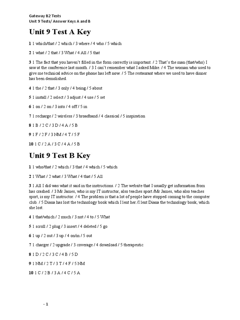 Gateway B2 Tests: Unit 9 Tests and Answer Keys for Tests A and B | PDF
