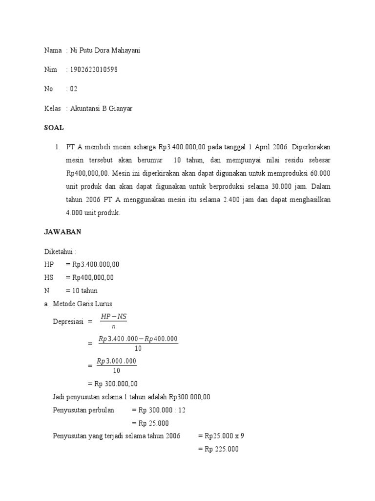 Ni Putu Dora Mahayani - 02 - Tugas Ak Keuangan Penyusutan | PDF Ni Putu Dora Mahayani - 02 - Tugas Ak Keuangan Penyusutan | PDF