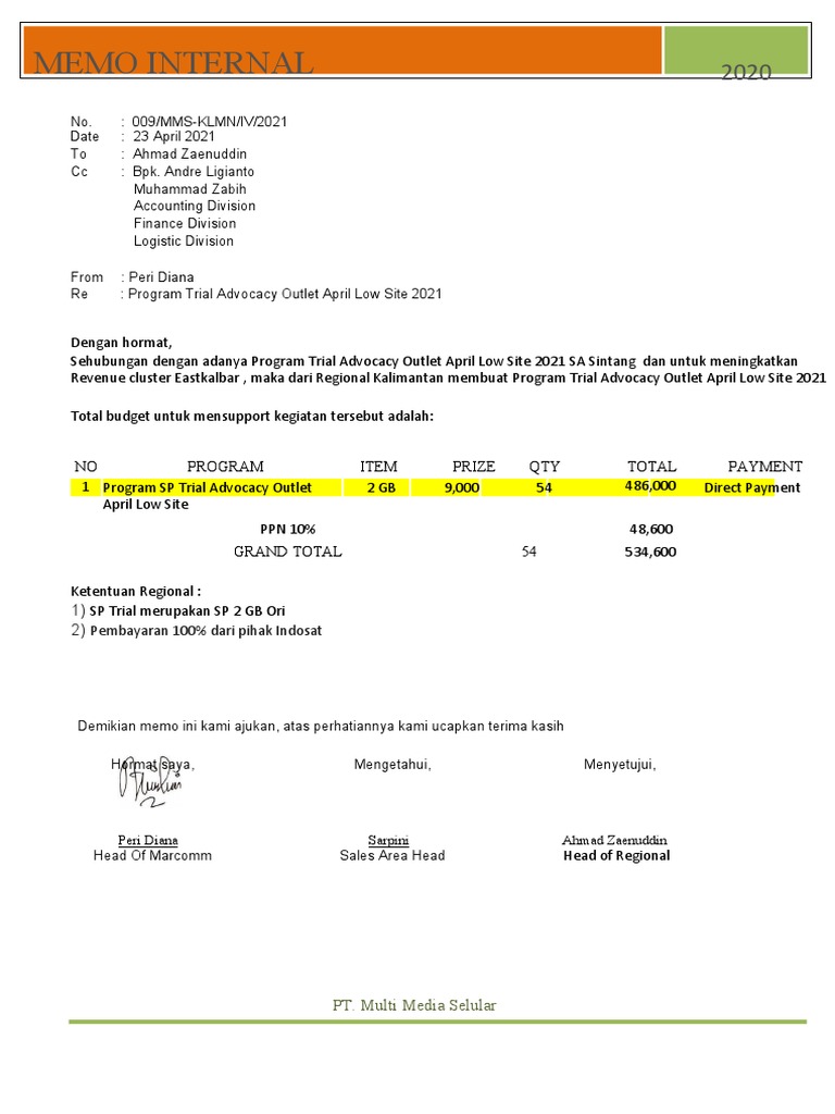 Memo Internal: Pembayaran 100% Dari Pihak Indosat | PDF