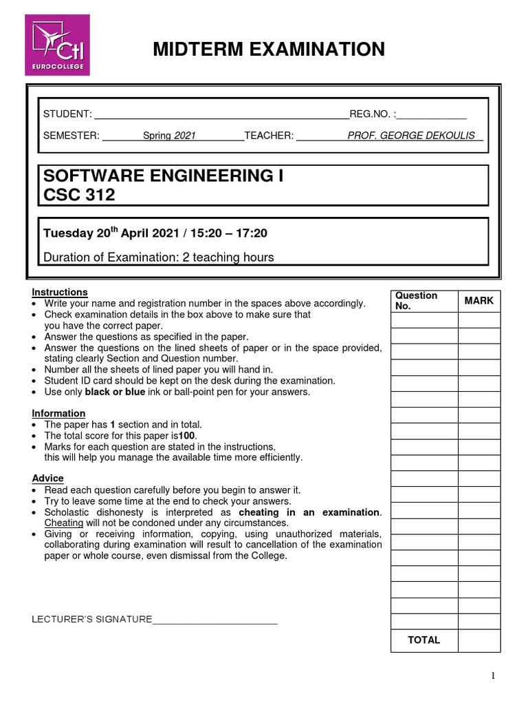 Software Engineering I - CSC 312 - Dekoulis George - Midterm Exam - Spring 2021 | PDF | Software ...