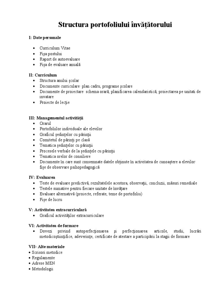 Structura Portofoliului Invatatorului | PDF