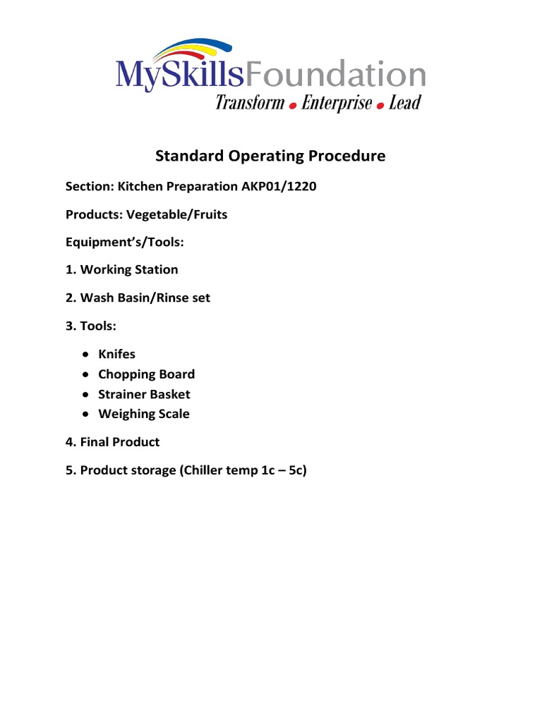 Standard Operating Procedure Kitchen Procedure | PDF