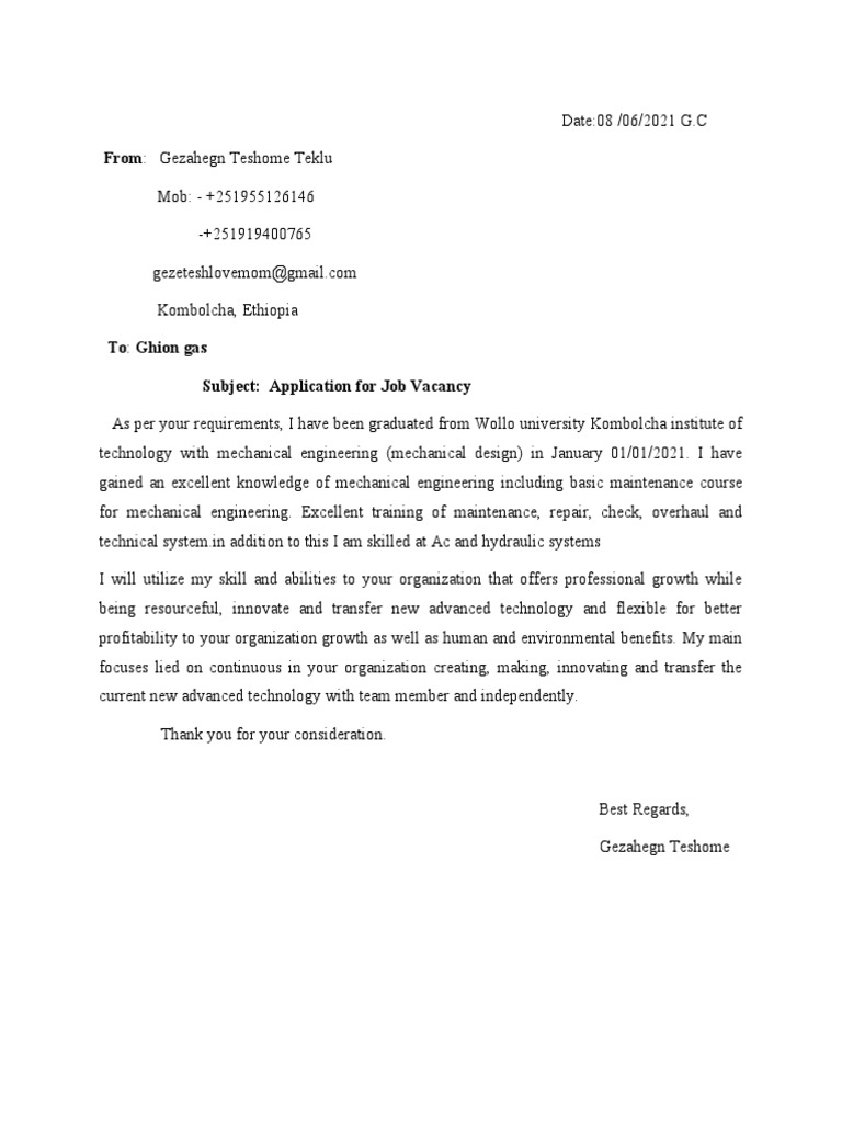 Mechanical Engineering Job Application | PDF | Mechanical Engineering ...