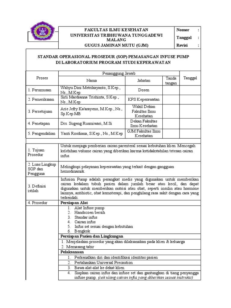 SOP Pemasangan Infus Pump - Metrik | PDF