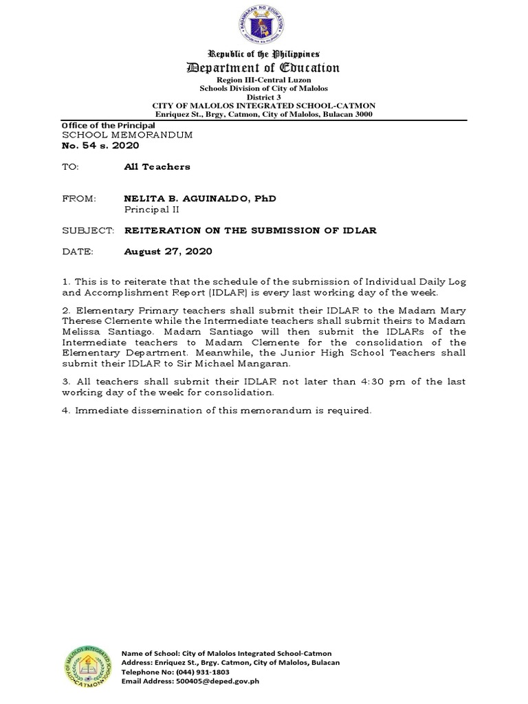 School Memo No. 54 S. 2020 Reiteration On The Submission of Idlar | PDF
