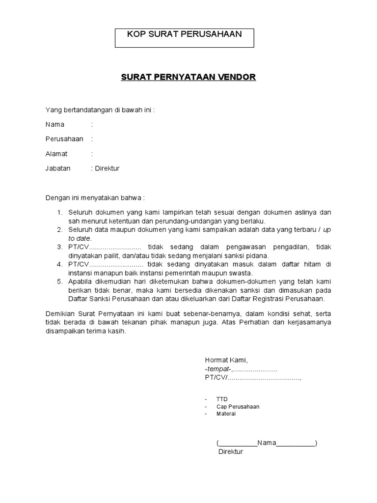 Format Surat Pernyataan Vendor | PDF