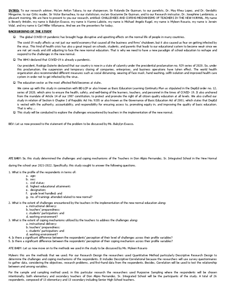 Script For Final Defense | PDF | Research Design | Teachers