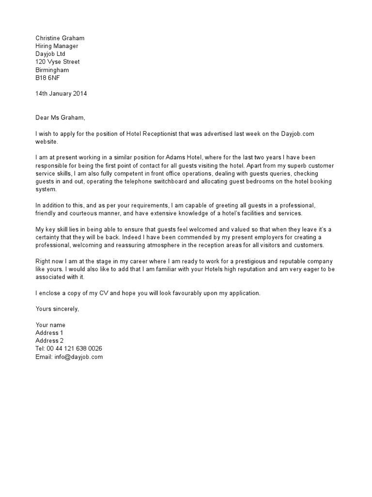 Hotel Receptionist Job Application Letter | PDF | Career & Growth