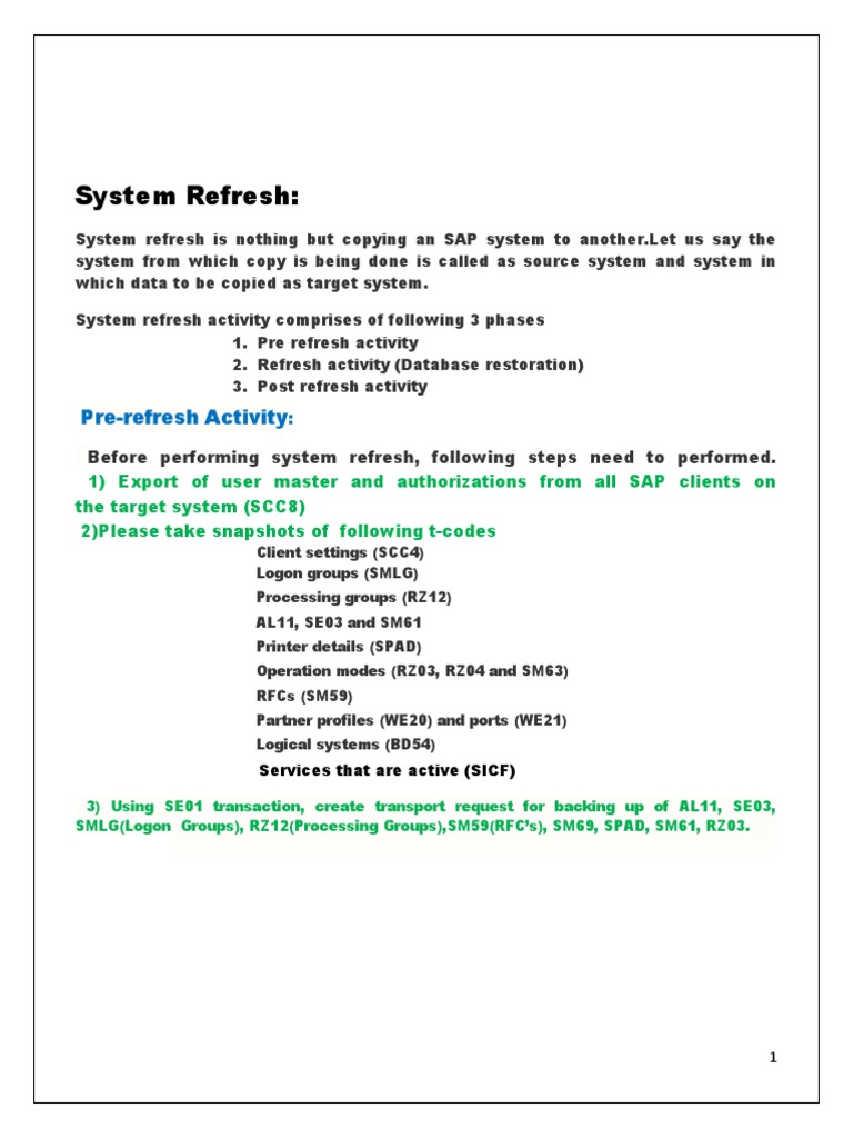 System Refresh Process: A Guide to Pre-Refresh, Refresh, and Post-Refresh Activities | PDF ...