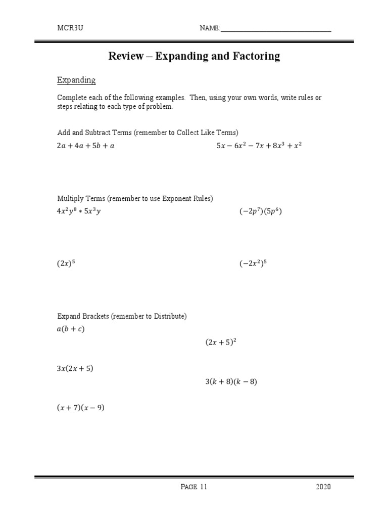 1.1 Review of Expanding and Factoring | PDF | Factorization | Polynomial