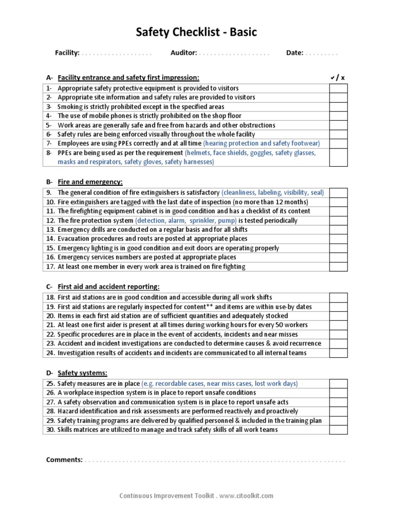Safety Checklist - Basic: Facility: Auditor: Date | PDF | Personal ...