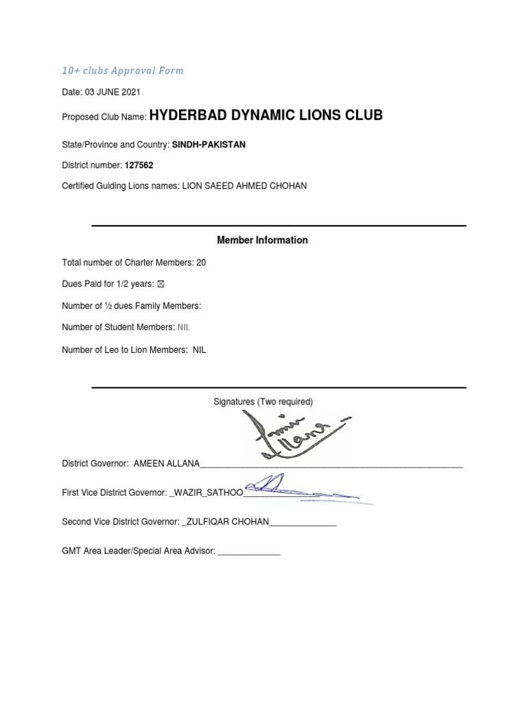 Hyderbad Dynamic Lions Club: 10+ Clubs Approval Form | PDF | Finance ...