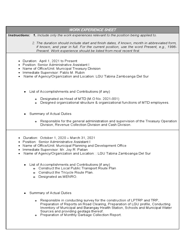 Work Experience Sheet for Admin Roles | PDF | Internal Audit | Accounting